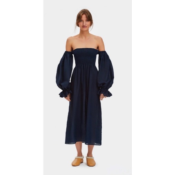 Sleeper | Dresses | Sleeper Atlanta Puff Long Sleeve Linen Midi Dress ...